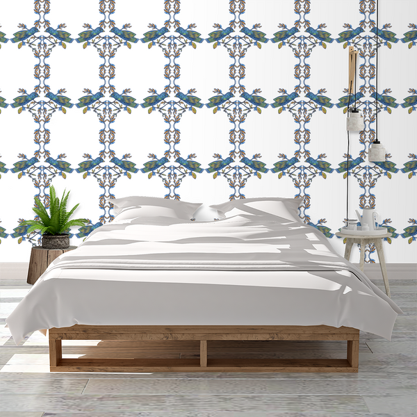 Blue Birds & Lattice Wallpaper Design (White) - Raspberry Creek Fabrics