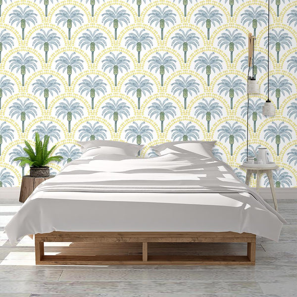 Blue and yellow palm tree scalloped tile repeat with white background ...
