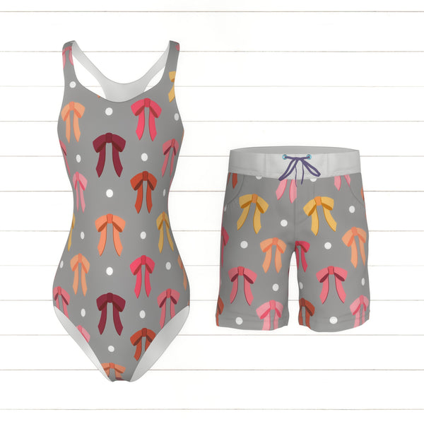 Pretty bows in melon tones with polka dots on grey - Raspberry Creek ...