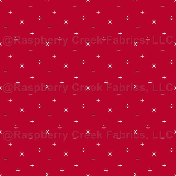 Basic Math Symbols, White on Red - Raspberry Creek Fabrics