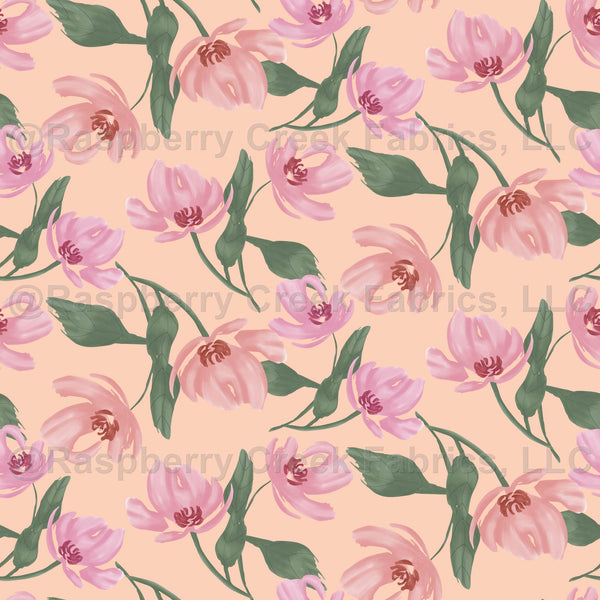 Vibrant, delicate, and feminine tossed florals in shades of pink on a ...