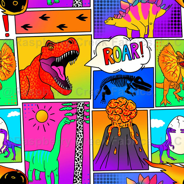 Comic book dinosaurs, cartoon strip dinosaurs - Raspberry Creek Fabrics
