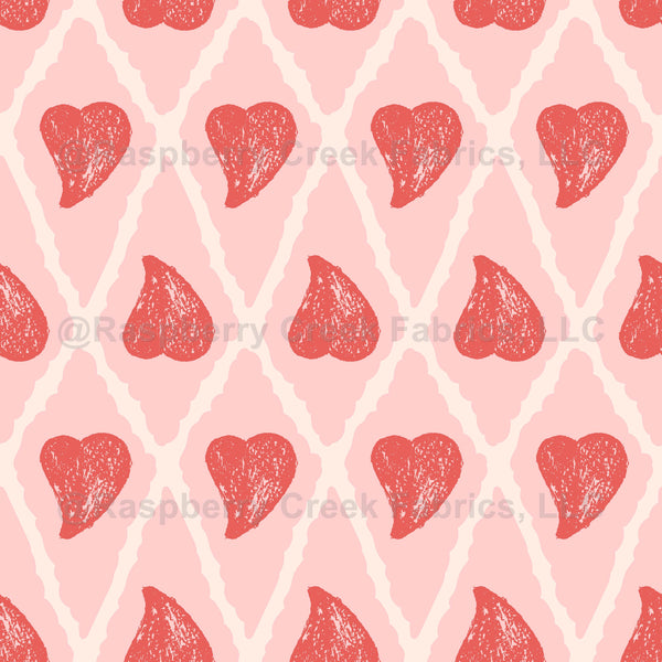 Hearts crayon drawn on rhombus doodle frames - Raspberry Creek Fabrics