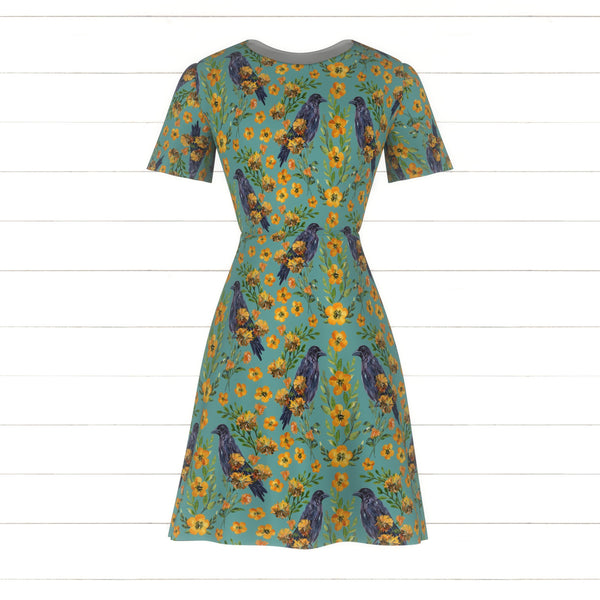 Handpainted Watercolor Raven Damask with Marigold, Buttercup Flowers ...