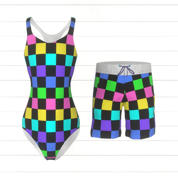 Neon Rainbow checks with charcoal black - Raspberry Creek Fabrics