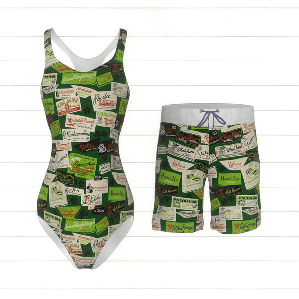 Hawaiian Shirt Labels 1d. Hand-drawn vintage-style aloha design. Green ...