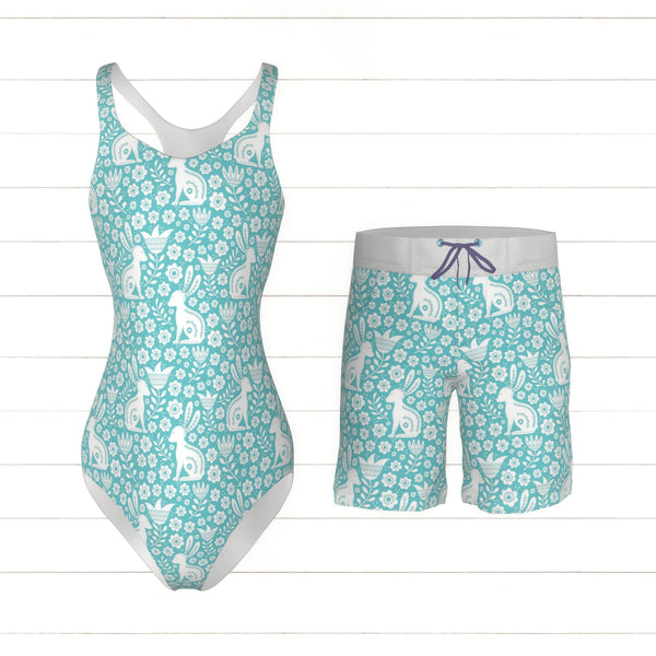 Folk White Rabbits on Aqua Blue - Raspberry Creek Fabrics