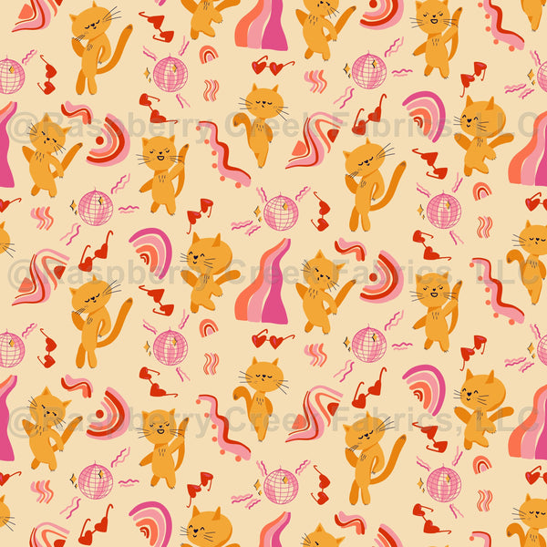 Dancing cats disco 70s style fabric in yellow, pink, orange colors wit ...