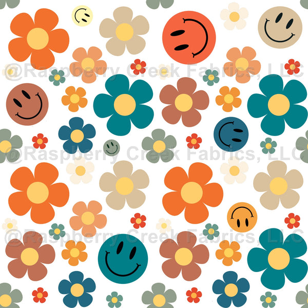Retro Smiley Faces and Daisy Flowers - Raspberry Creek Fabrics