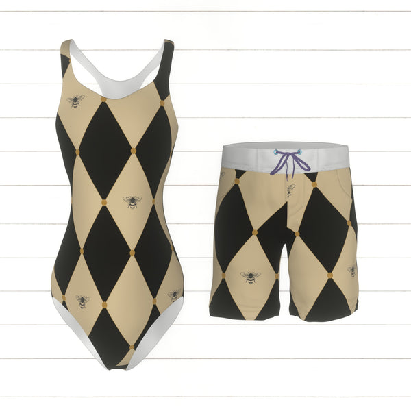 Gold and Black Harlequin pattern with Gray Bees, Honey Bees, black and ...