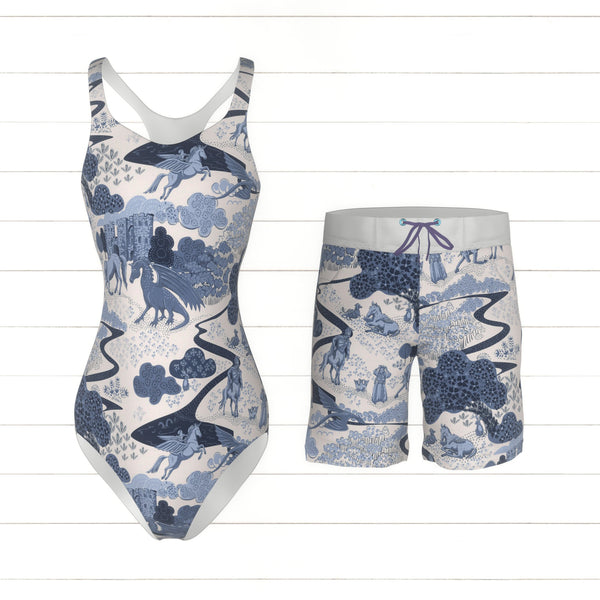 Mythical Creatures Toile in Indigo Blues on Ivory - Raspberry Creek Fabrics