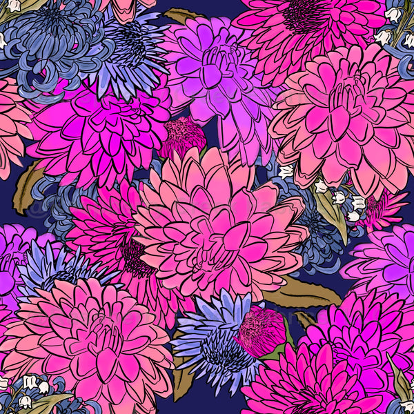 mothers garden, floral, zinnia, mums, flowers, bold, petals, hand draw ...