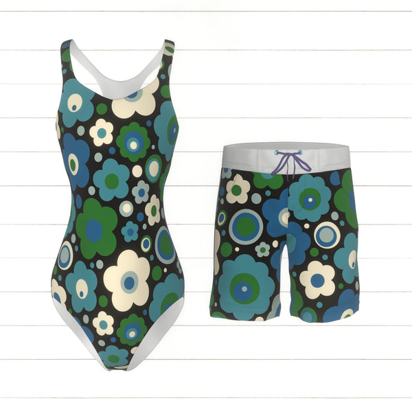 Veranda (Cool Colors on Black) (Marguerite Collection) - Raspberry Creek Fabrics