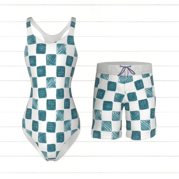 Teal Hand drawn Checkers | Checkers - Raspberry Creek Fabrics