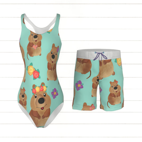Adorable Quokka Girls With Flowers On Green - Raspberry Creek Fabrics