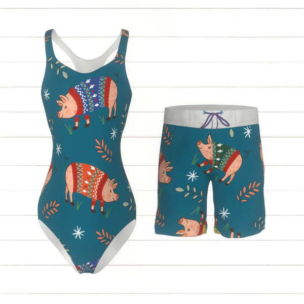 Festive pigs in jumpers | dark teal - Raspberry Creek Fabrics