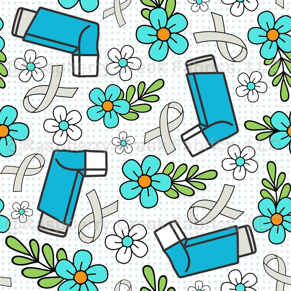 Asthma Inhalers and Grey Awareness Ribbons Blue and Aqua Floral ...