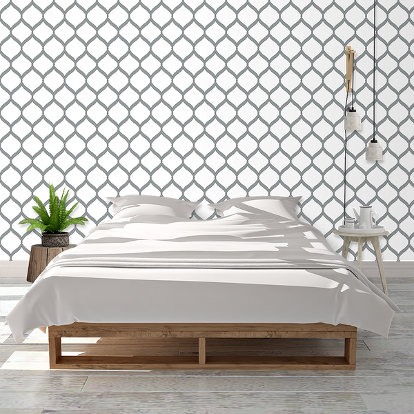 Ogee Tile - Gray with Black outline on White - Raspberry Creek Fabrics