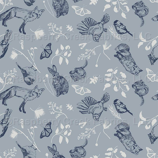 Line Art Woodland Animals and Flora in Slate Blue and White - Raspberry ...