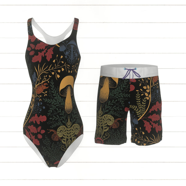 Mushrooms forest damask colorful black background by DenesAnnaDesign - Raspberry Creek Fabrics