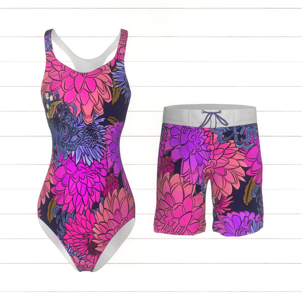 mothers garden, floral, zinnia, mums, flowers, bold, petals, hand draw ...