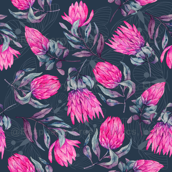 Watercolor Protea Flowers | Pink and Navy Blue Color Palette ...