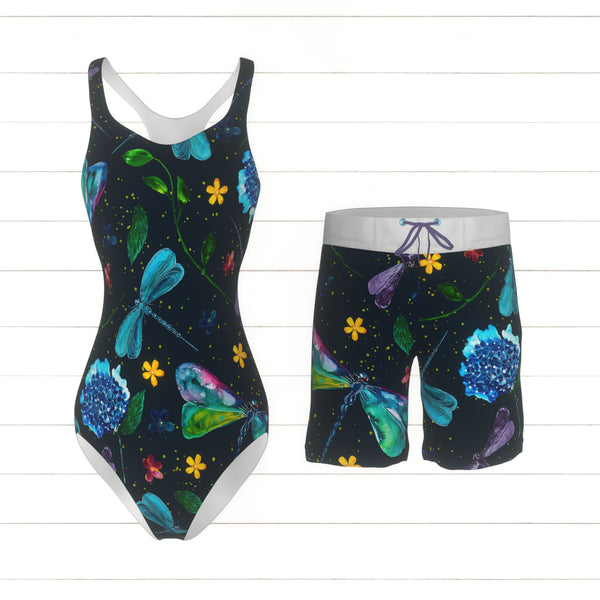 Flutter - Dragonfly Garden on Dark Midnight Teal Blue - Raspberry Creek ...