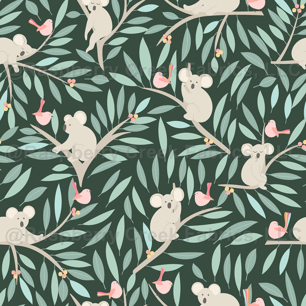Hang in There - dark; cute koalas on trees - Raspberry Creek Fabrics