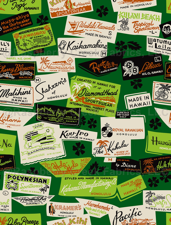 Hawaiian Shirt Labels 1d. Hand-drawn vintage-style aloha design. Green ...