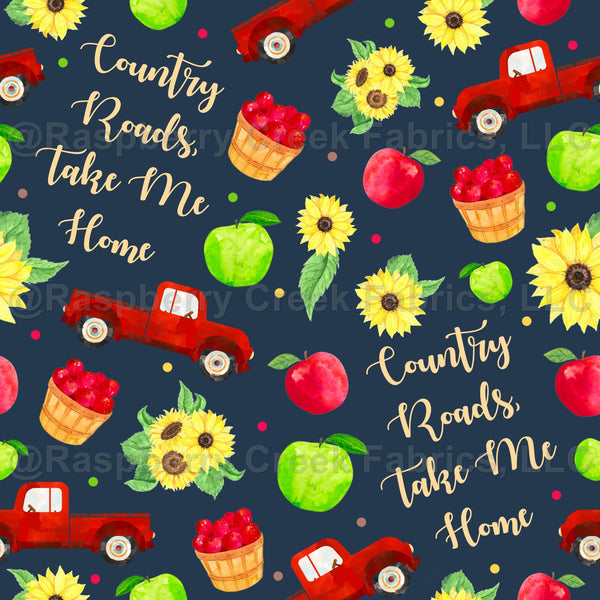 Country Roads Take Me Home Red Trucks Apples Sunflowers on Navy ...