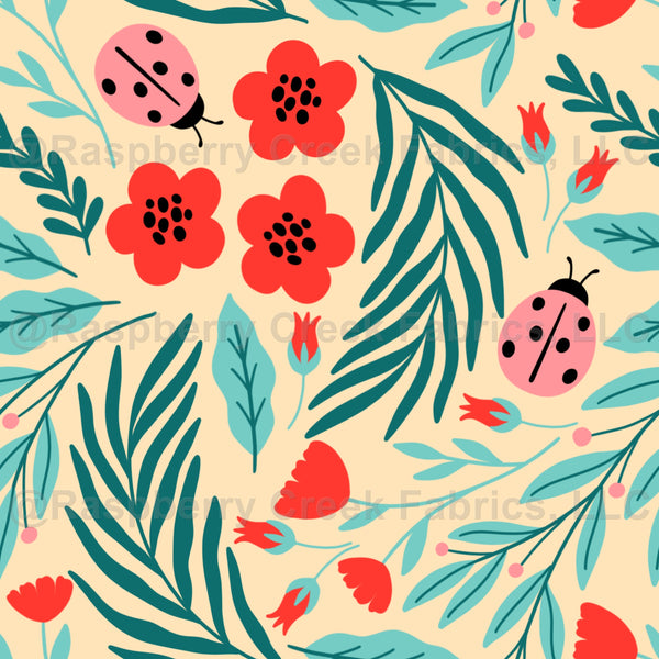 Ladybug in the garden on beige background - Raspberry Creek Fabrics