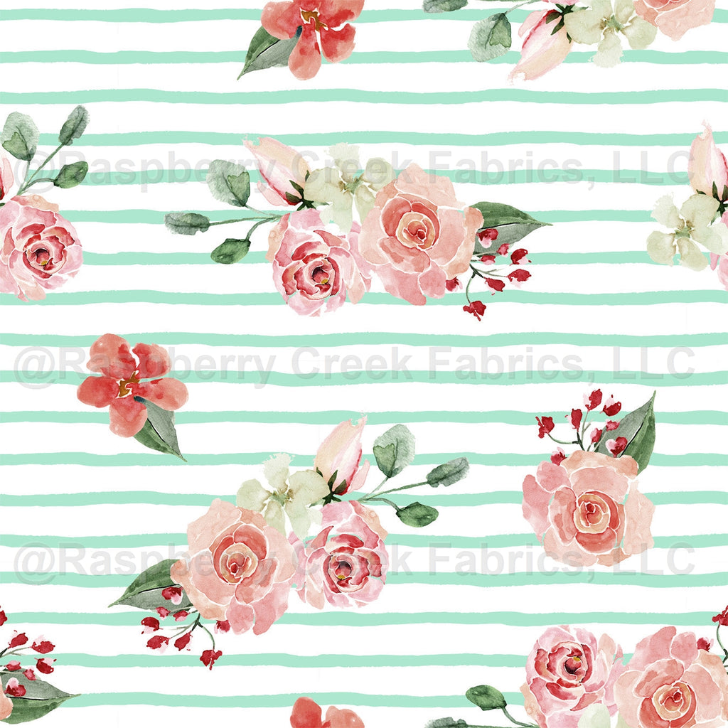 Coral Peach Mint and Green Stripe Watercolor Floral Print Fabric ...