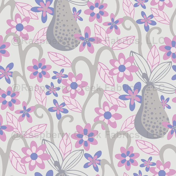 Fantasy Forbidden Fruit Pear Floral Botanical in Light Pink Purple Gra ...