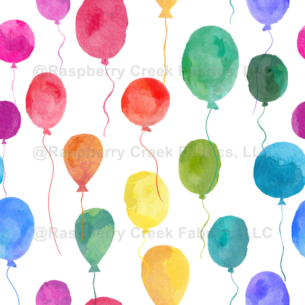 Watercolor Rainbow Happy Birthday Balloons White - Raspberry Creek Fabrics