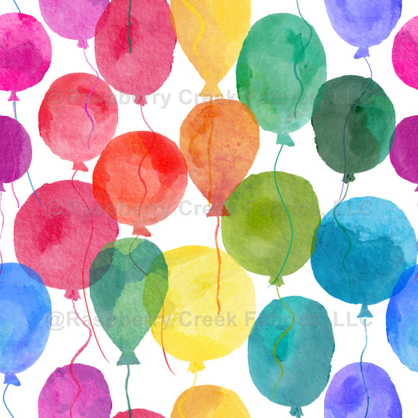 Watercolor Rainbow Happy Birthday Balloons Busy - Raspberry Creek Fabrics
