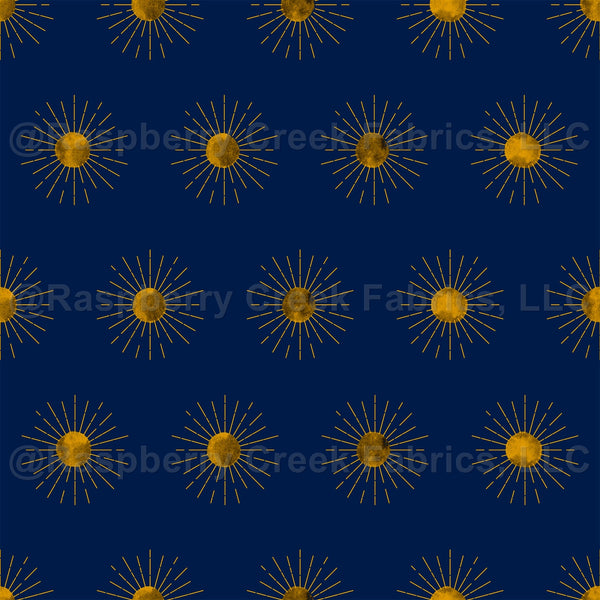 Navy and Mustard Sunshine Print Fabric, Sunshine in Navy by Kim Henrie ...