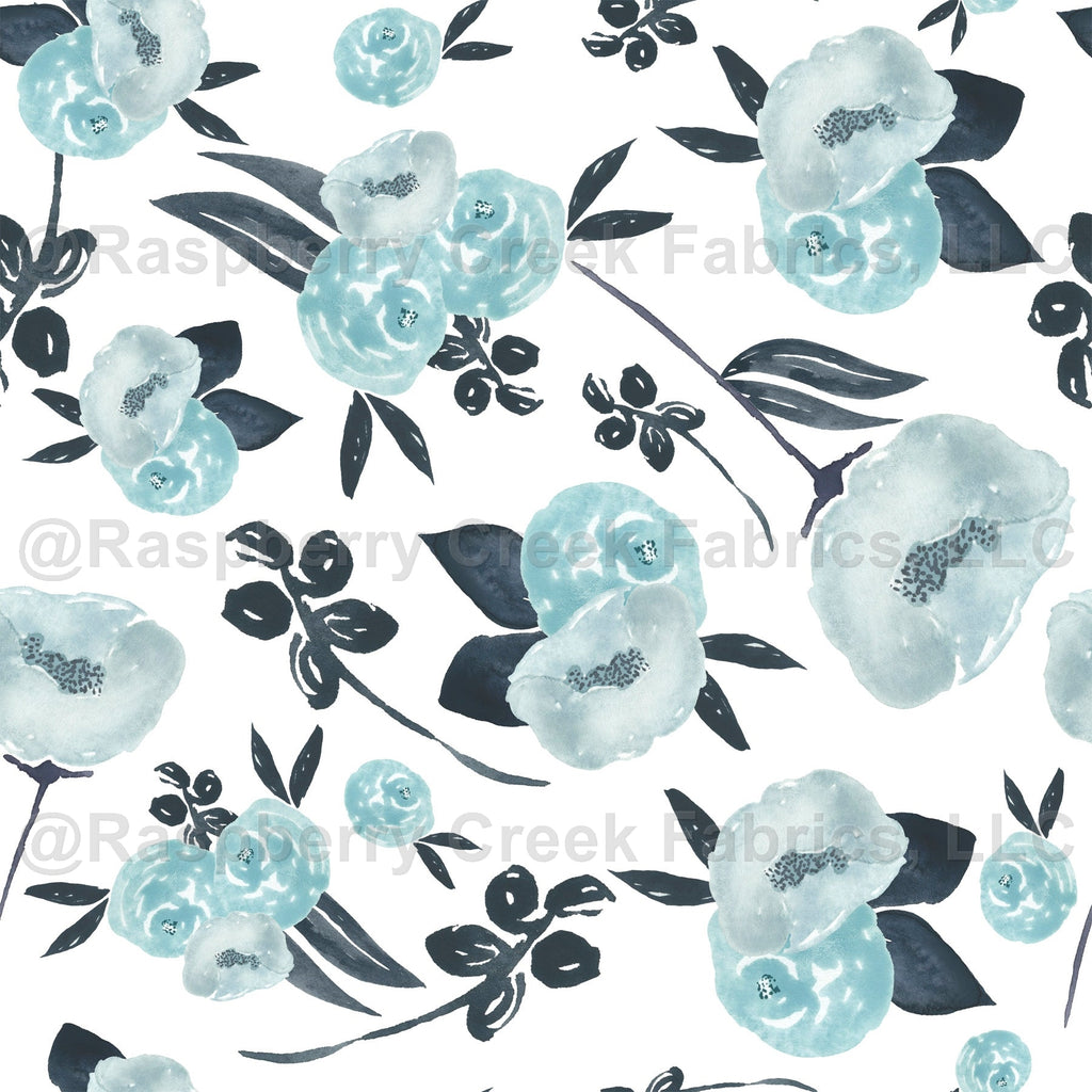Navy and Light Blue Tonal Watercolor Floral Print Fabric exclusive at ...