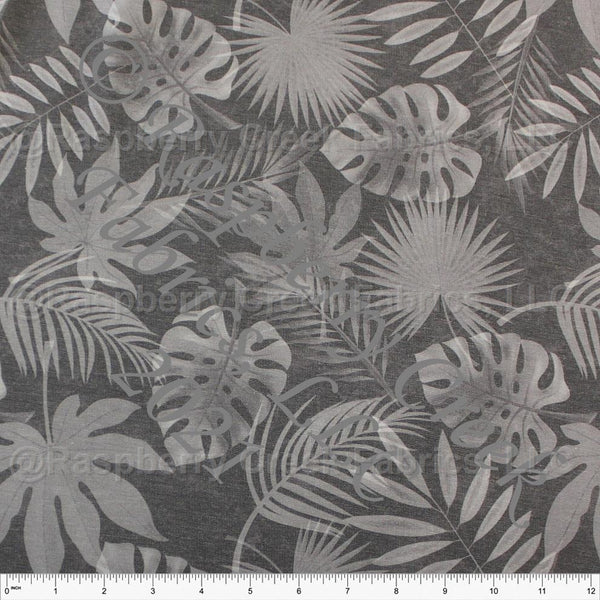 Tonal Grey Tropical Leaves Heathered FLEECE Sweatshirt Knit Fabric ...
