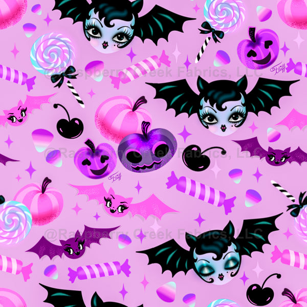 Vampire Bat Dolly wuth Halloween Candy in Lilac - Raspberry Creek Fabrics