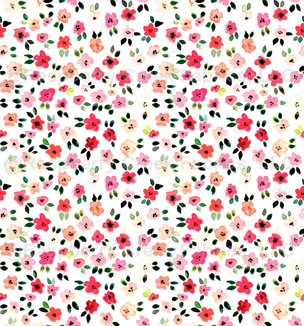 Red Salmon Pink and Cream Ditsy Watercolor Floral Print Fabric ...