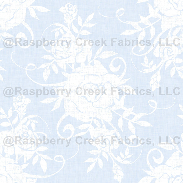 Distressed White Victorian Roses on Pale Cornflower Blue Woven Texture ...