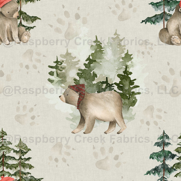 Woodland Bears on Oatmeal Linen Background - Raspberry Creek Fabrics