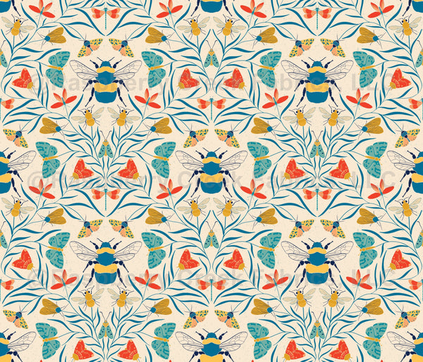 Damask Bugs Bees Butterflies in Retro Color palette by denesannadesign - Raspberry Creek Fabrics