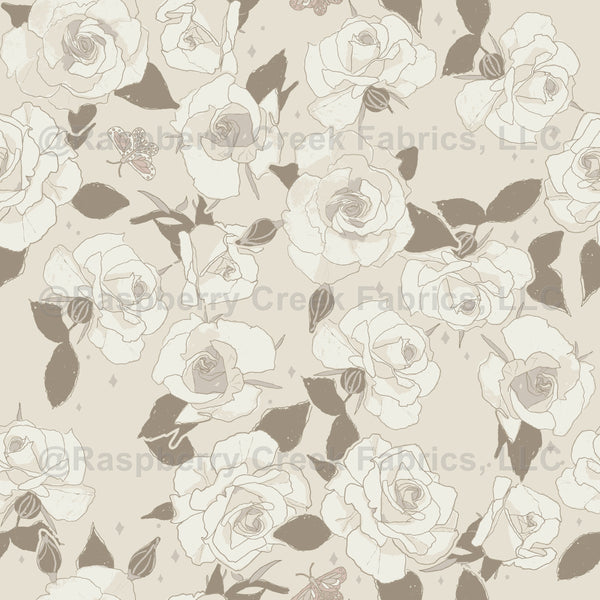 Garden Roses w/butterflies Wallpaper - Greige - Raspberry Creek Fabrics