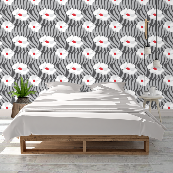 Contemporary Shades of Gray with Red Center Bold Flowers on a Wavy Bot ...