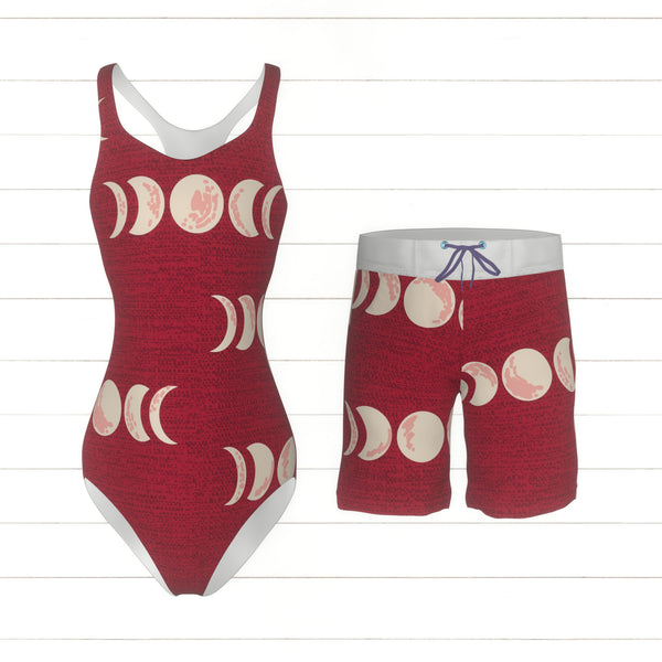 Moon phases on burning sky on Viva Magenta background - Raspberry Creek Fabrics