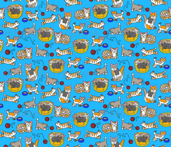 Cats on blue background - Raspberry Creek Fabrics