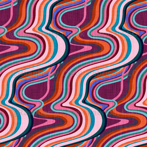 70s Groove - Claret, psychedelic twisted waves - Raspberry Creek Fabrics