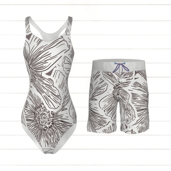 Line Art Flower in Plum White, Pua Kala Garden Collection - Raspberry ...