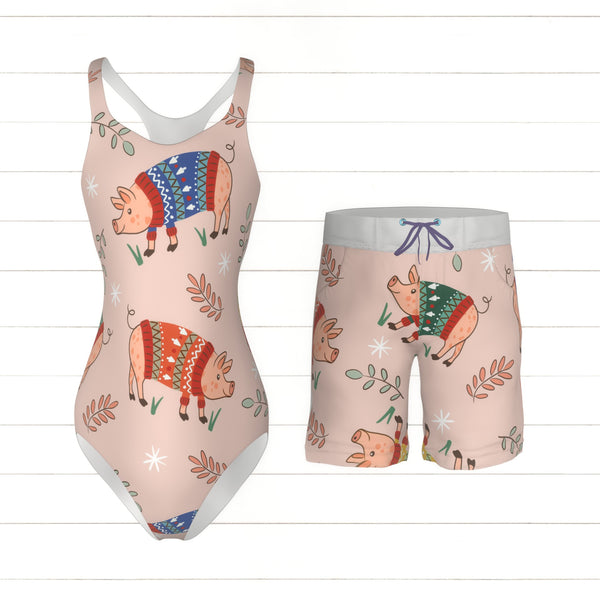 Festive pigs in jumpers | pale pink - Raspberry Creek Fabrics